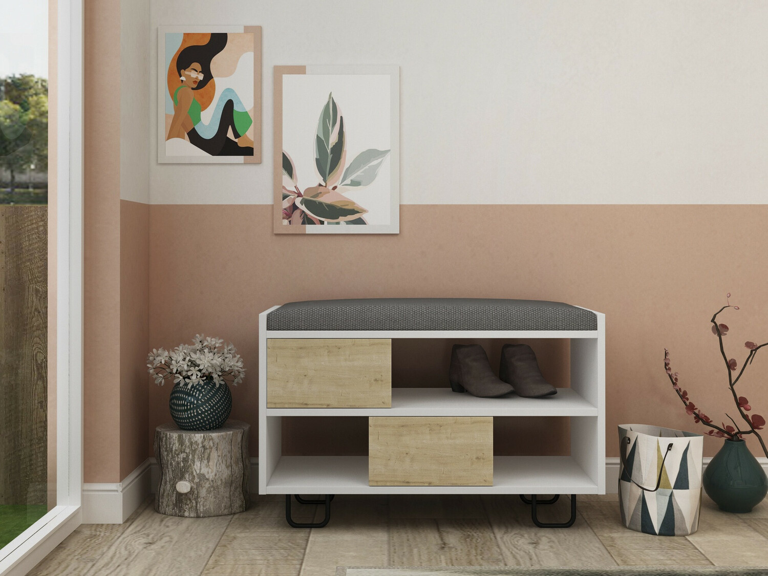 Raft pantof Kailua 1079 (Alb + Stejar) - Mobilier hol | Mobilier1.ro